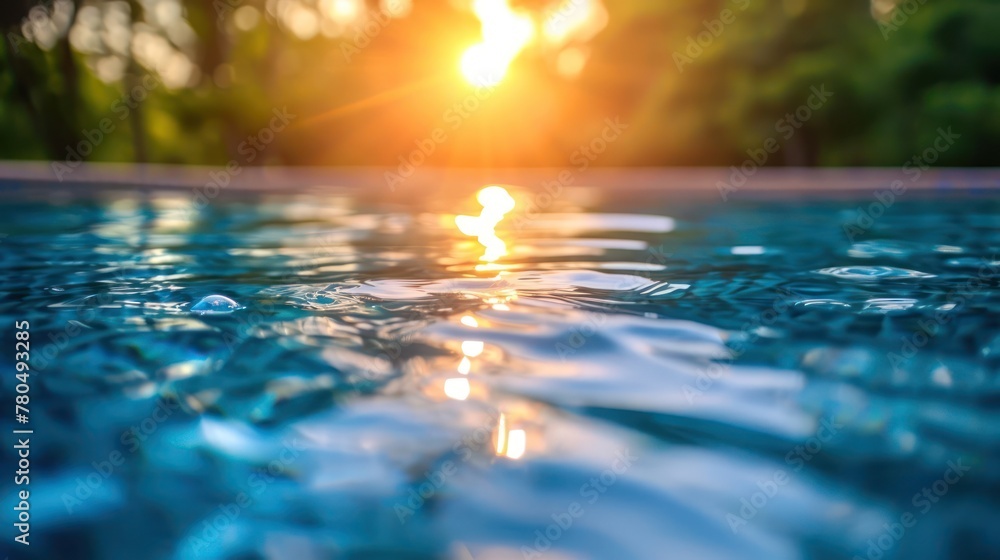 Blue water surface with bright sun light reflections, water in swimming ...
