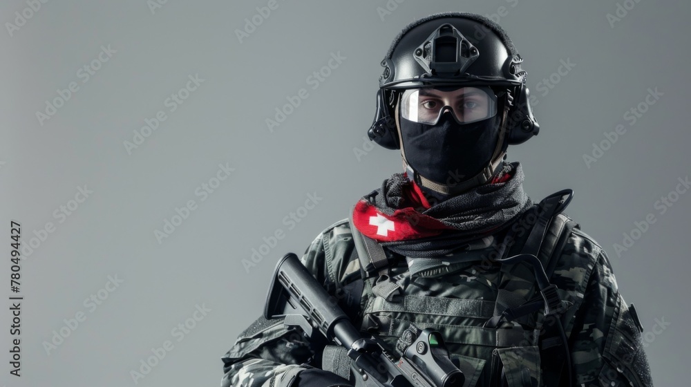 Swiss mercenary in full combat gear with helmet, tactical vest and ...