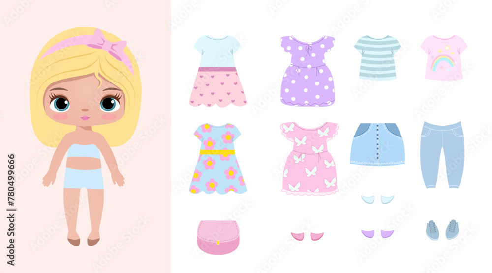 Paper doll clothes. Baby doll with dress. Cute girl clothes. Vector ...