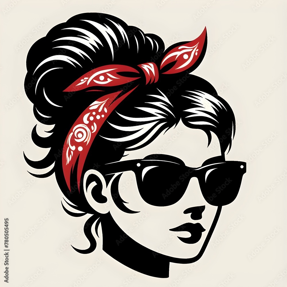 Retro woman's face with messy hair pulled back It is tied into a bun ...
