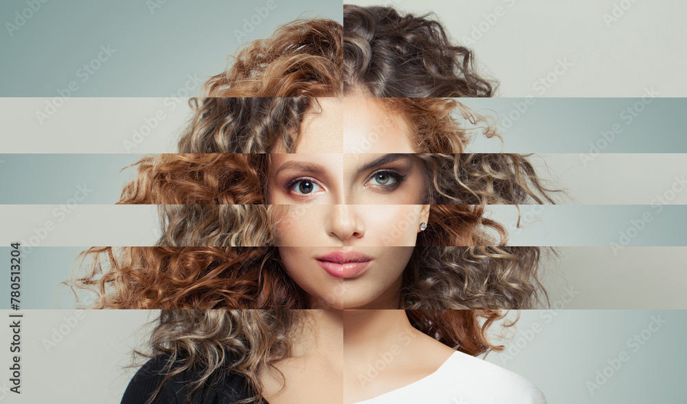 Female face collage combination. Attractive faces of young woman with ...