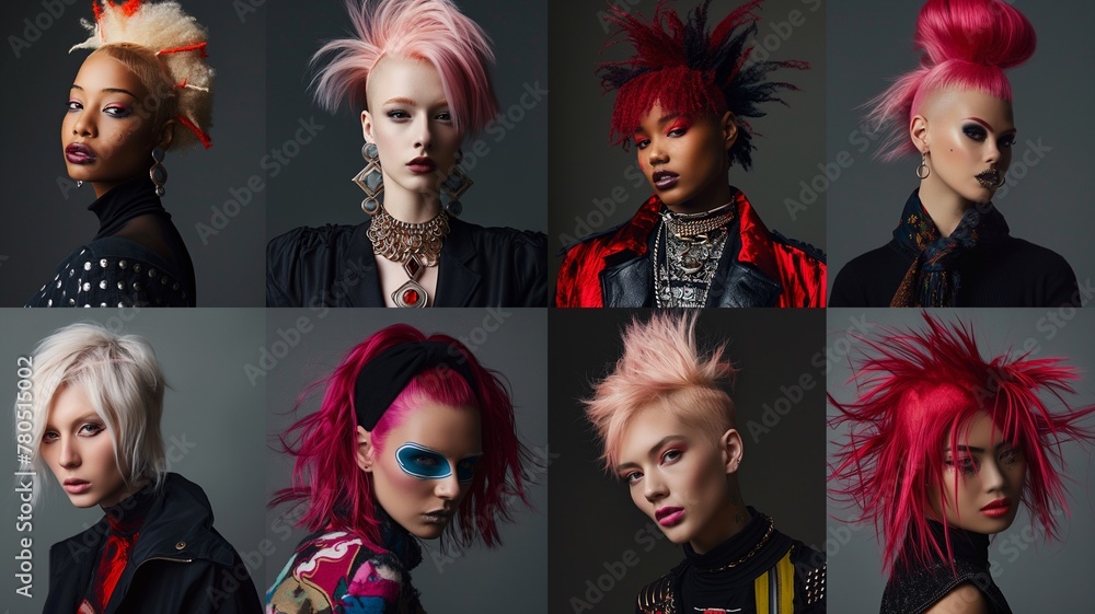 A grid of images with various punk hairstyles and outfits, each with a ...