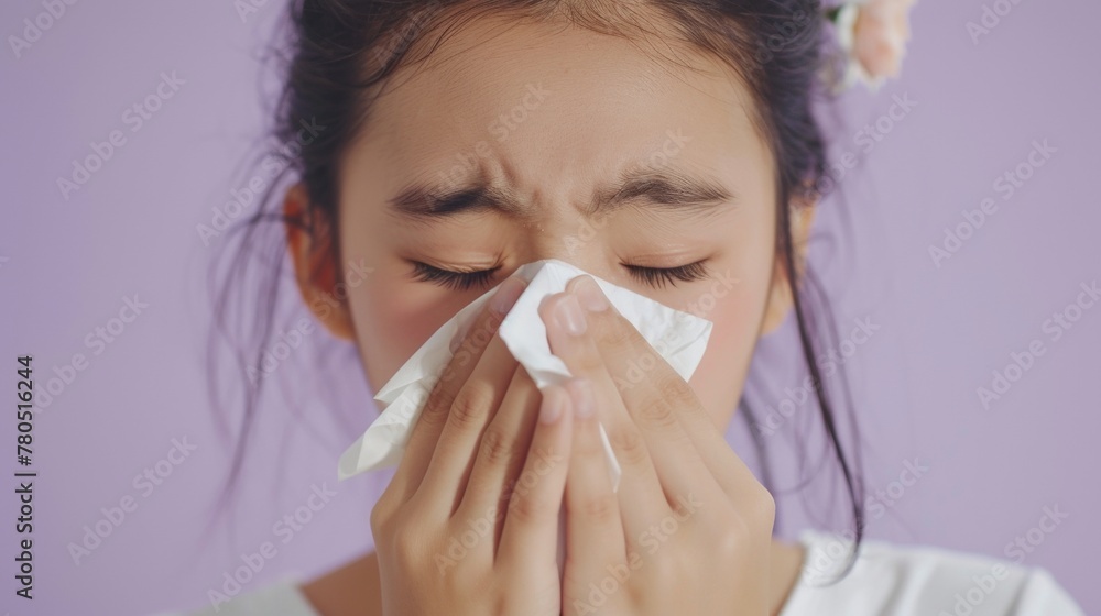 Young girl with closed eyes using a white tissue to wipe her nose with ...