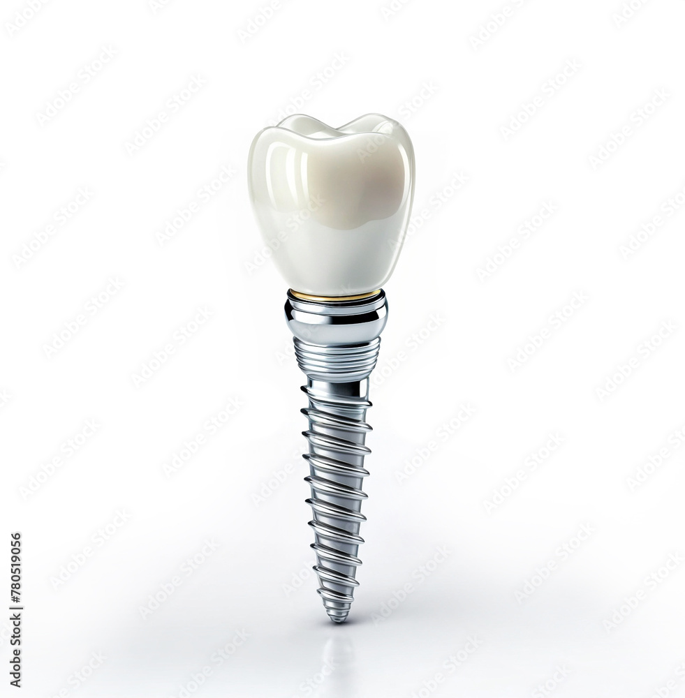 3d render illustration of a single tooth on top of a metal screw on ...