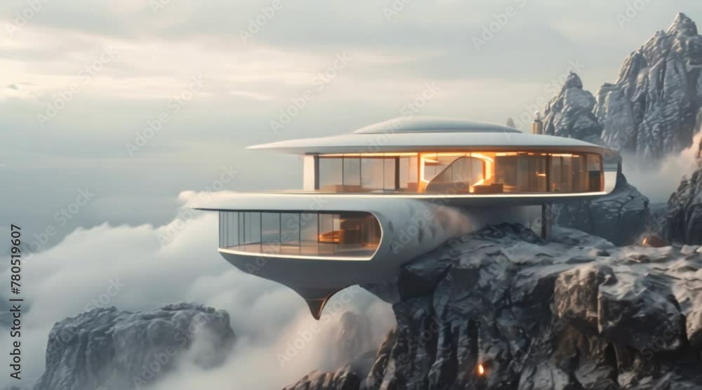 Futuristic Mountain Cliff House, modern, futuristic house perched on a rugged mountain cliff ...