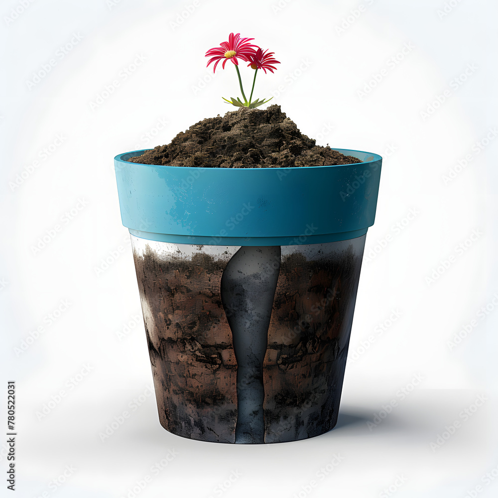 3d illustration of a cutaway flower pot. Cross section of a soil ...