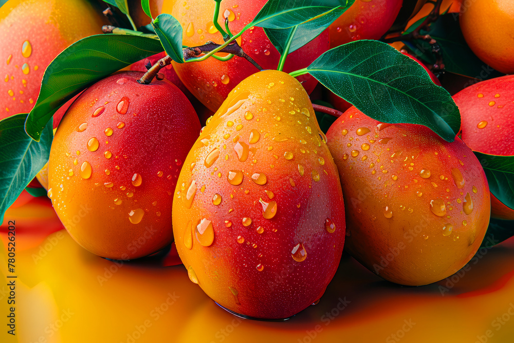 A bunch of ripe mangoes with water droplets on them. Concept of ...