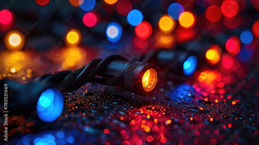 Vibrant LED lights with a bokeh effect on a glistening background ...