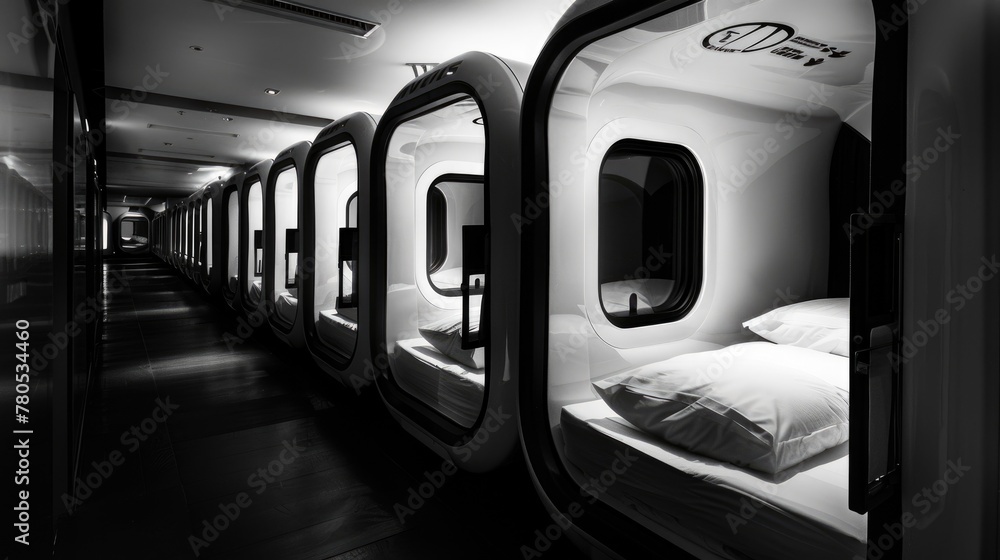 Sleek Capsule Hotel Design. The sleek black-and-white interior of a ...