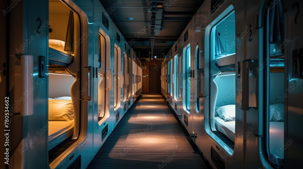 Warmly Lit Capsule Hotel Hall. The hall of a capsule hotel with a warm ...