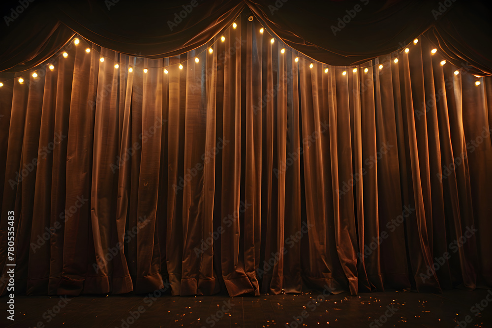 Dramatic orange stage curtains with spotlight and shadows, creating a ...