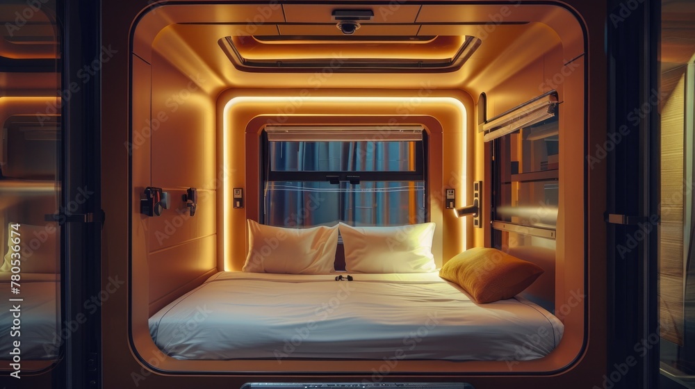 Wooden Capsule Hotel Space with Warm Glow. A single, wooden-walled ...