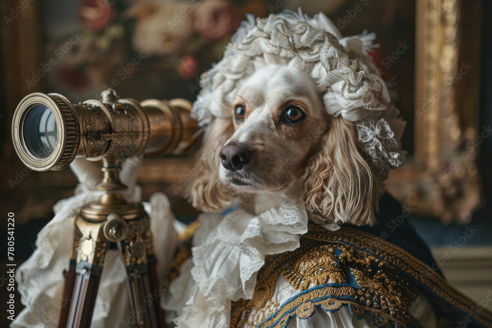 Regal Dog in Vintage Noble Attire with Antique Telescope Stock Photo ...