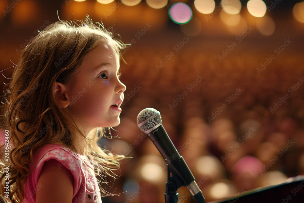 Confident child public speaker with microphone delivering a speech ...