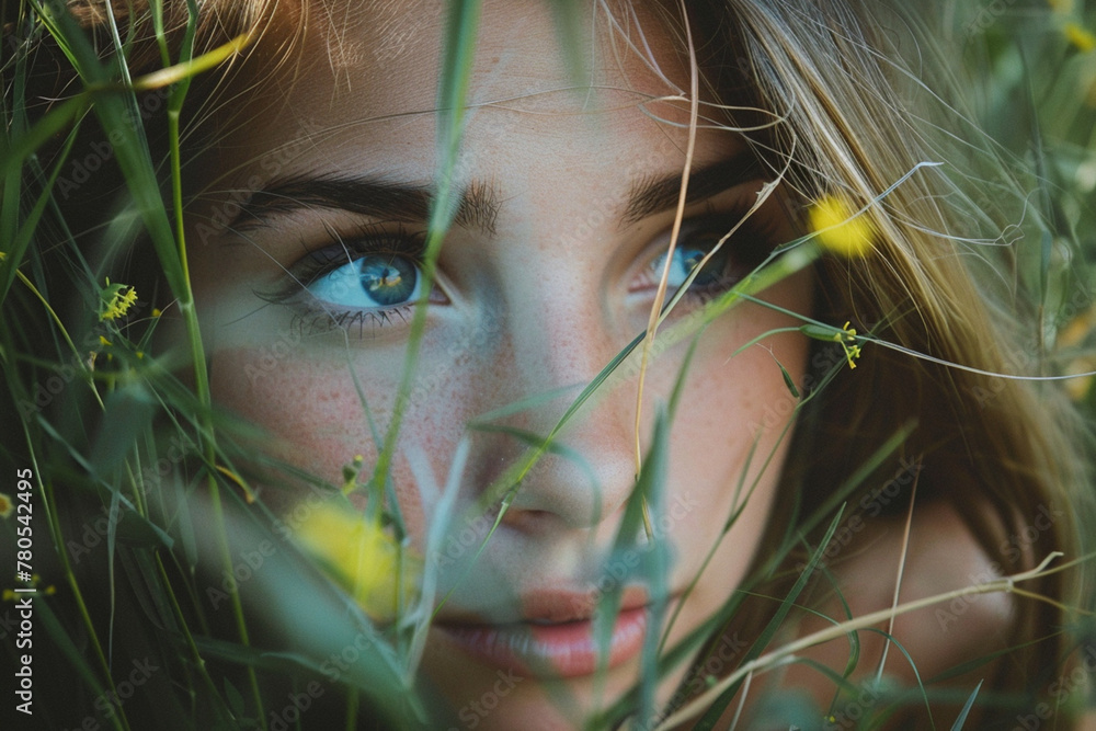 Mysterious portrait of a woman partially hidden in the grass with her ...