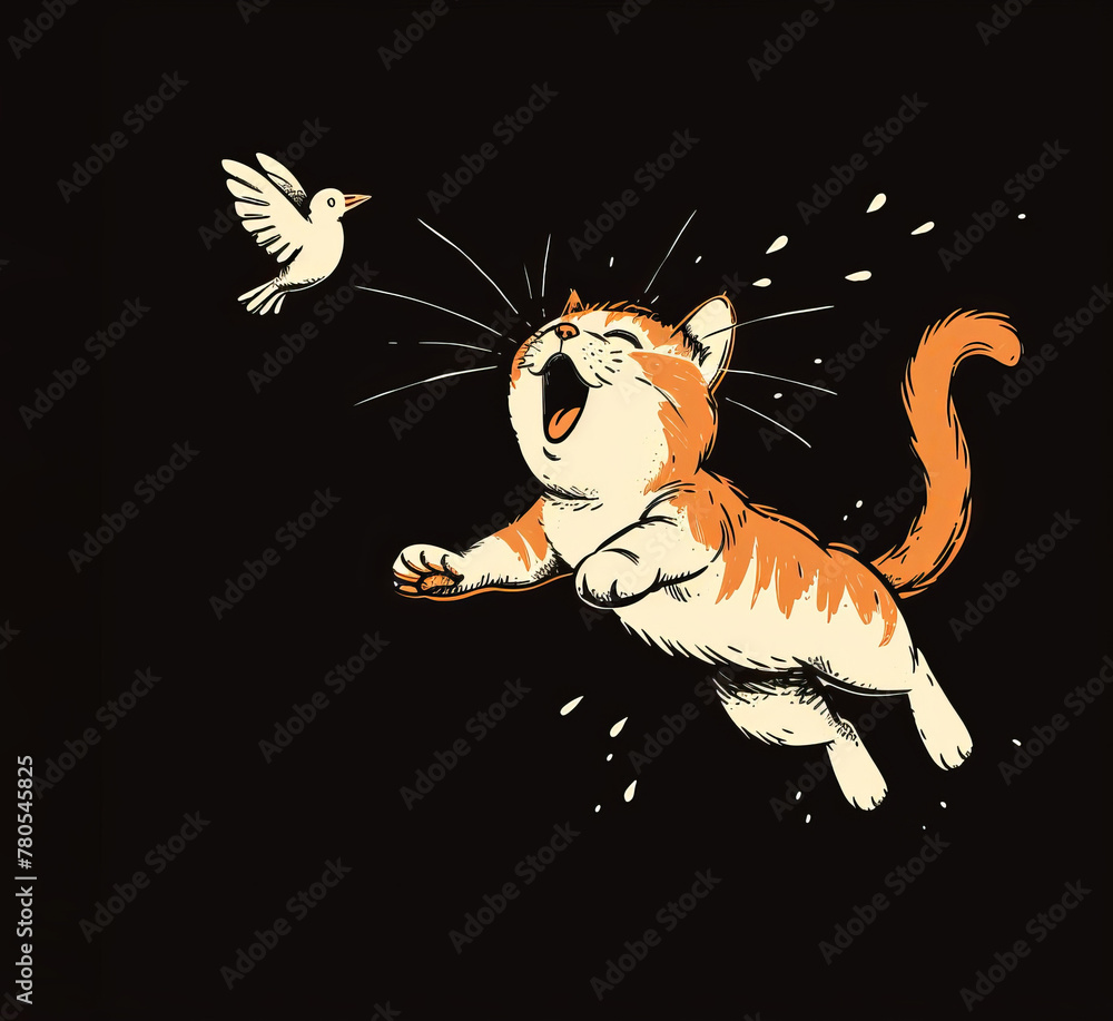 Playful cartoon cat leaping towards a flying bird on a dark background ...