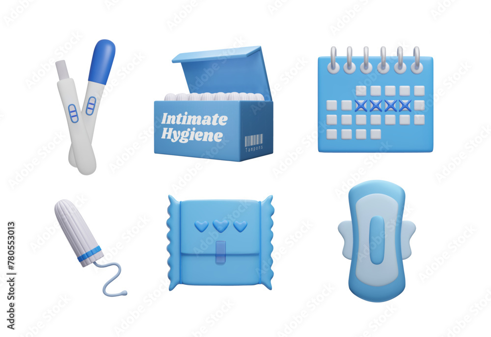 Blue 3D menstruation intimate hygiene icon set. Cute cartoon style ...