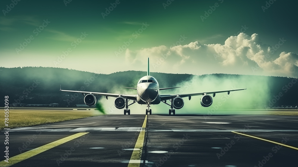 Majestic Airplane Ready for Takeoff on Runway with Mystical Green Smoke ...