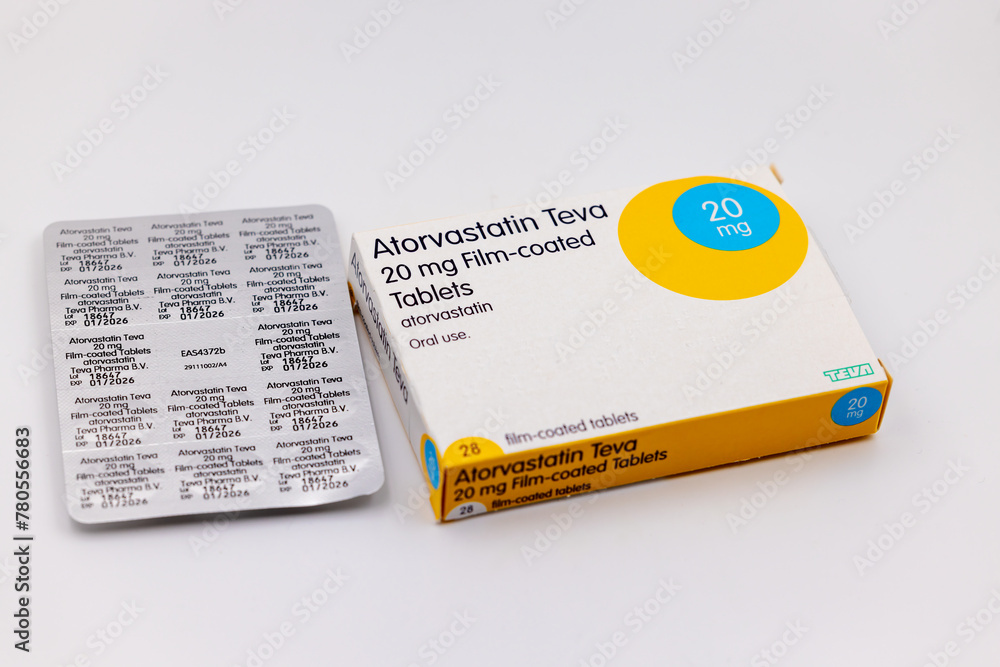 "Atorvastatin" box and tablet blister pack. Medication called statins ...