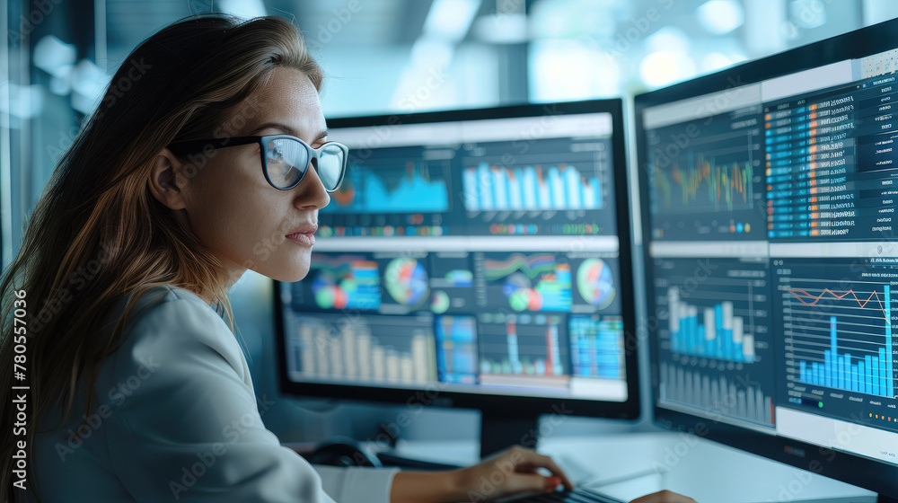 Female data analyst looking at a bunch of data visualisation and various type of graphs on three ...