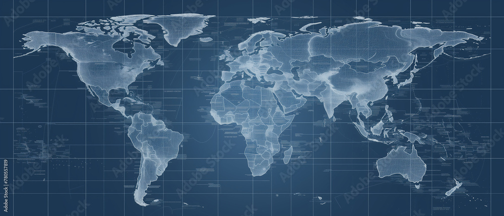 Futuristic Digital World Map in Blue Tones Highlighting Global ...