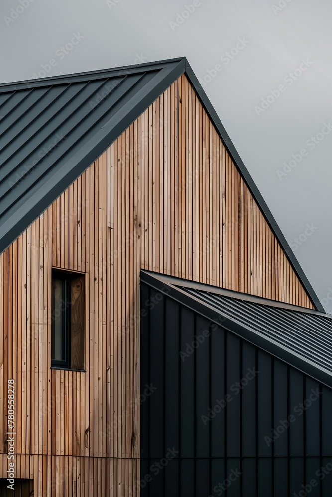 close up detail of dark grey alucobond cladding on the roof, wood slats ...