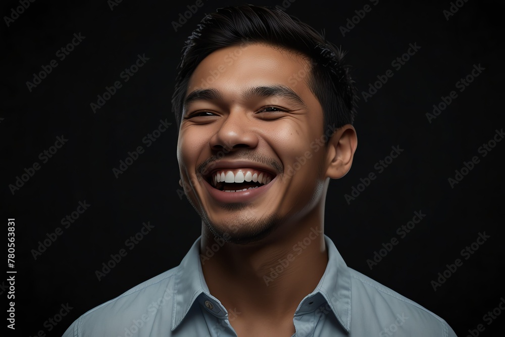 young filipino man on plain bright black background laughing ...