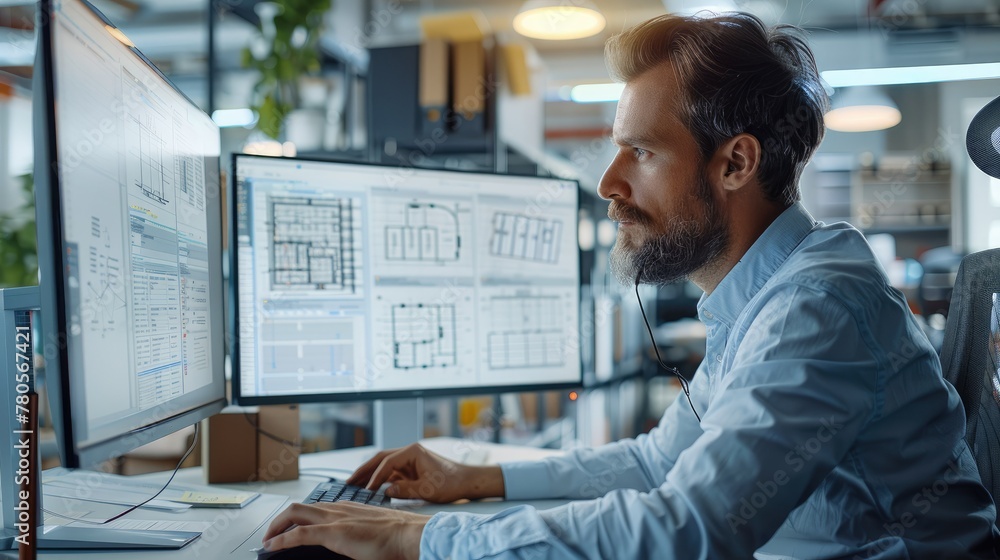 Male architect sitting in front of 3 computer screens checking a ...