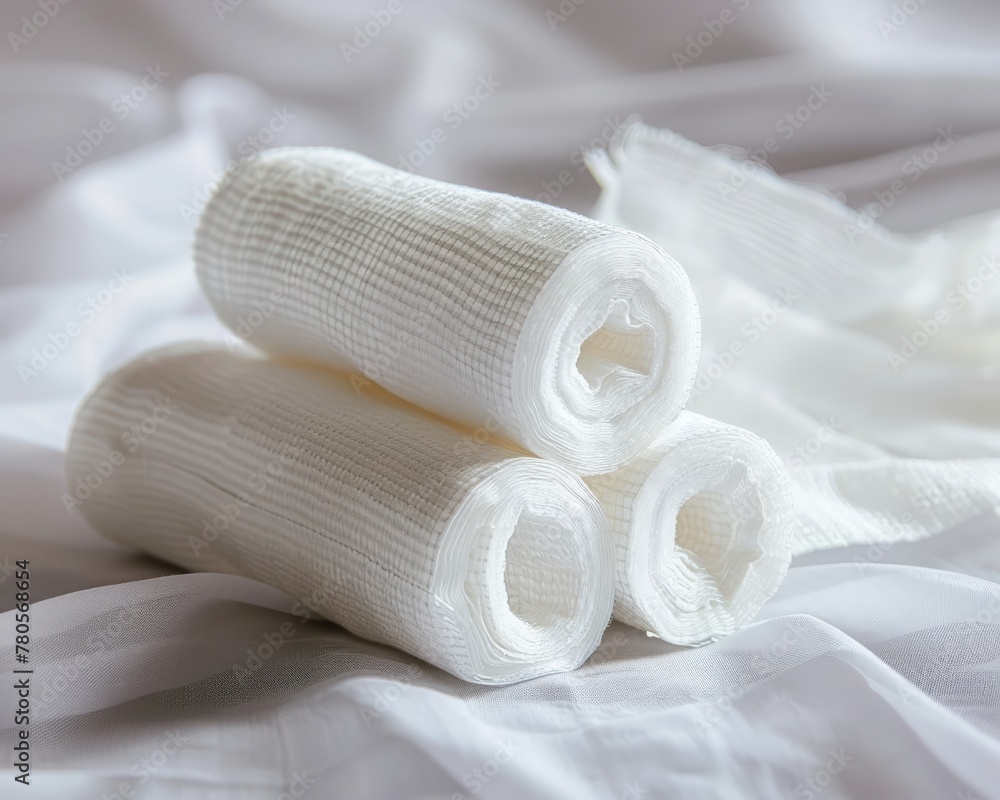 Roll of gauze on medical kit, soft focus, care ready, white purity ...