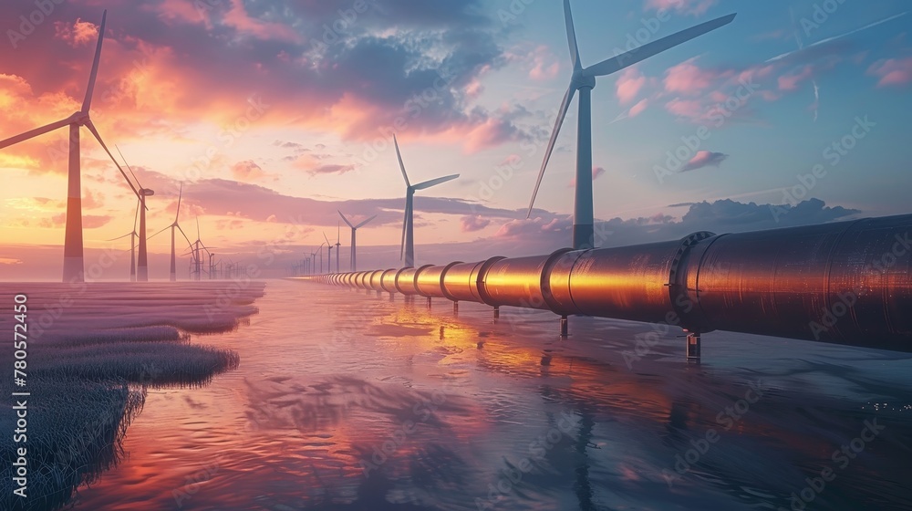 Hydrogen pipeline beside wind turbines, symbolizing sustainable fuel ...