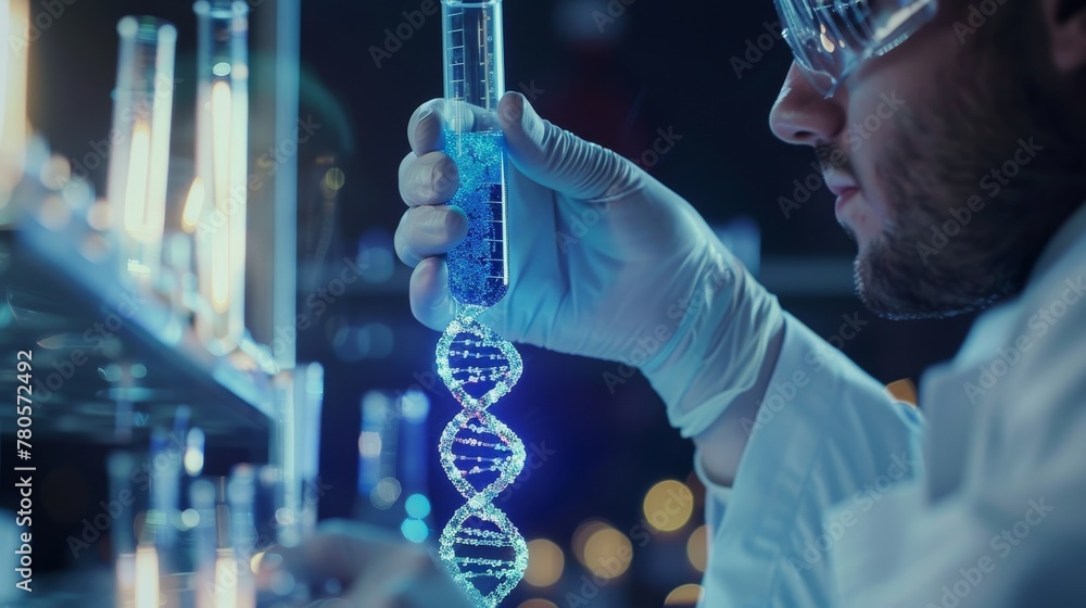 Scientists examine human DNA in tube, precise movements, high ...