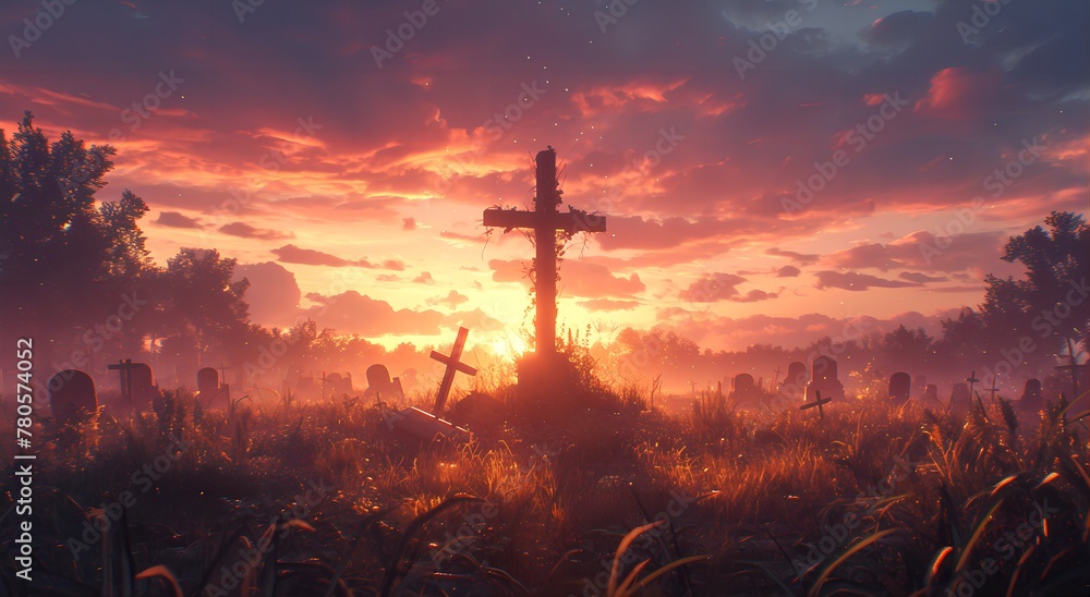 Eternal Rest: Old Grave with Cross in a Post-Apocalyptic Cemetery Under ...