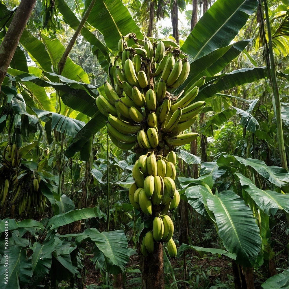 Lush, green banana tree stands prominently amidst dense tropical forest ...