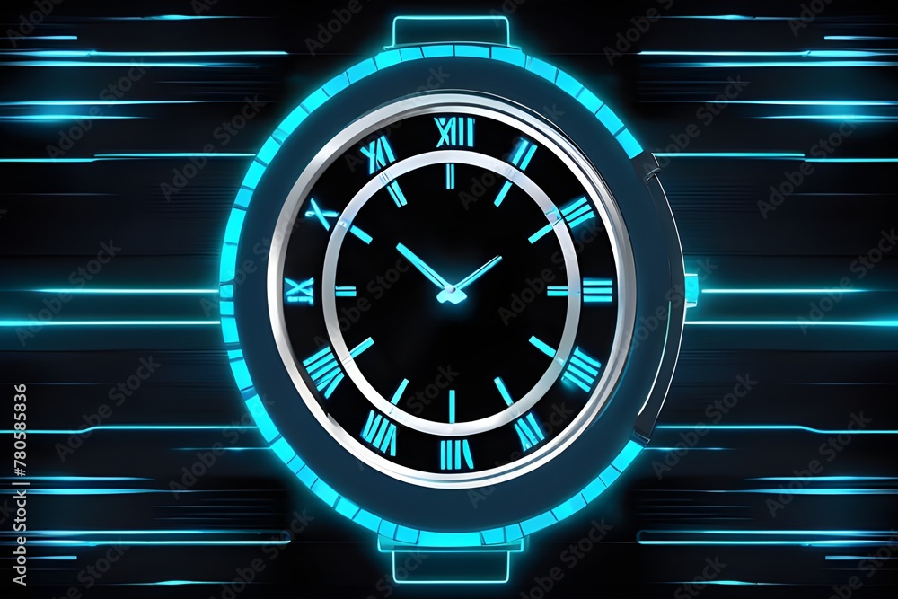 Modern illustration of laser blue neon clock in digital futuristic ...