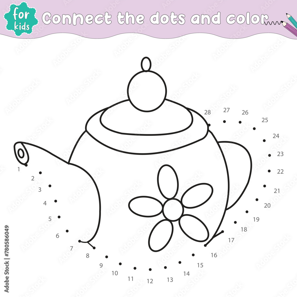 Connect the dots tea pot coloring activity page and Educational Game ...