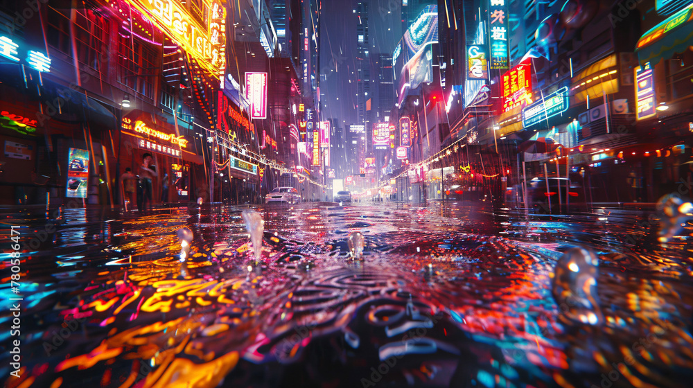 Neon-lit city streets in the rain at night. Digital art cityscape with ...