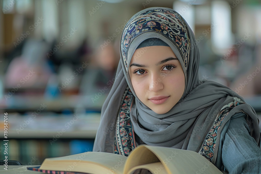 Muslim student in hijab reading a book in class, showcasing academic ...