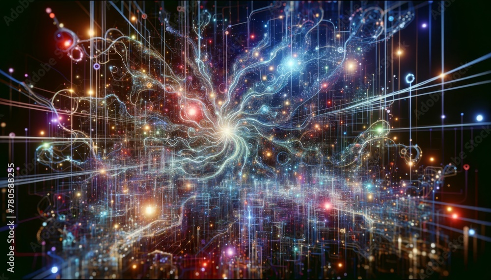 Abstract tech matrix, glittering with dynamic code scripts, serving as ...