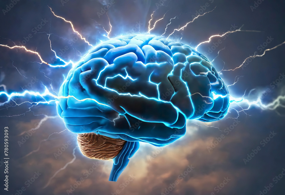 Human brain on a dark black background. Digital illustration. Human ...