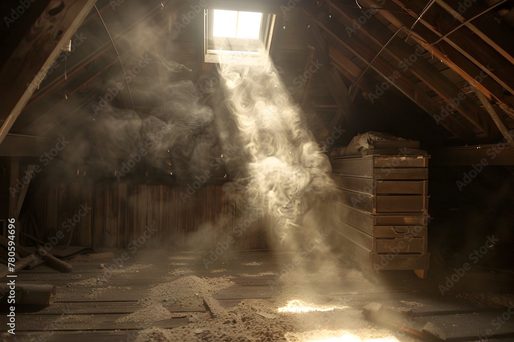 Sunlight streams through an attic window, illuminating dust particles ...