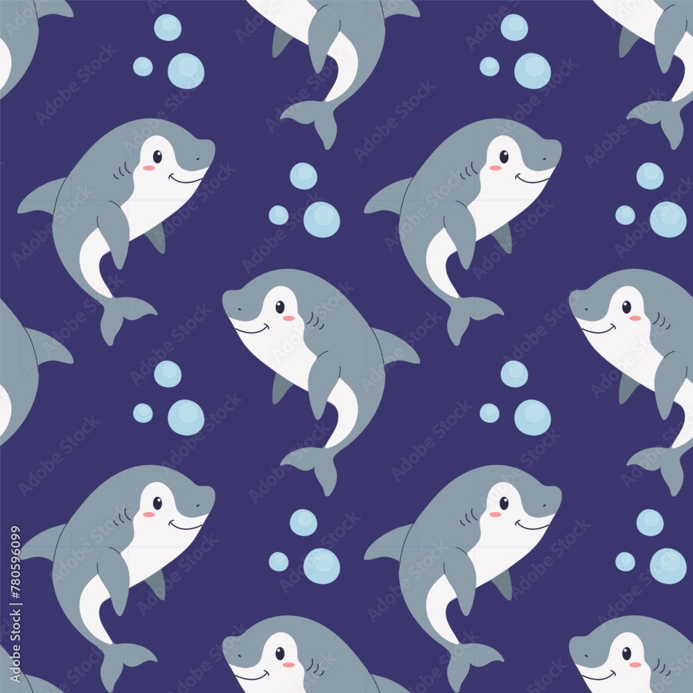 Cute pattern with baby shark with bubbles of sea water for children on ...