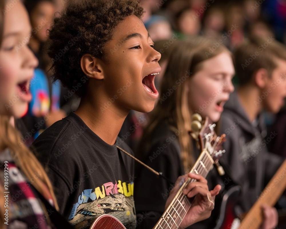Foto de Imagine a school assembly where students showcase their talents ...