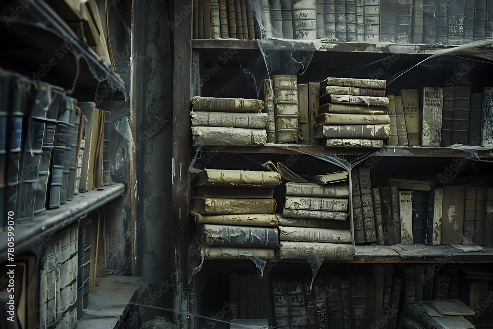 Antique books covered in dust and cobwebs on wooden shelves, depicting ...