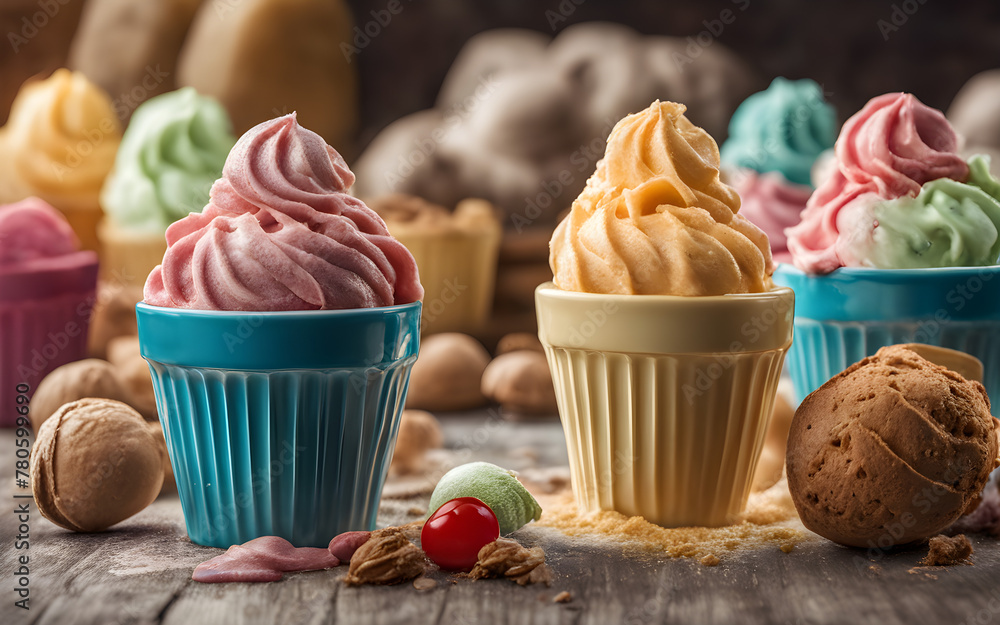 Italian gelato, assorted flavors, pastel colors, bright sunny Italian ...