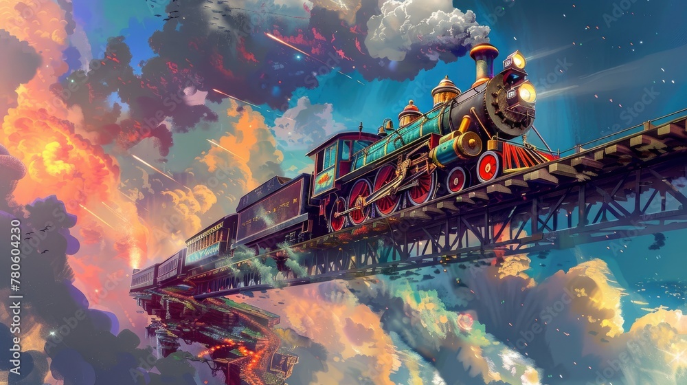 A colorful steam train with an ornate front car is flying through the ...