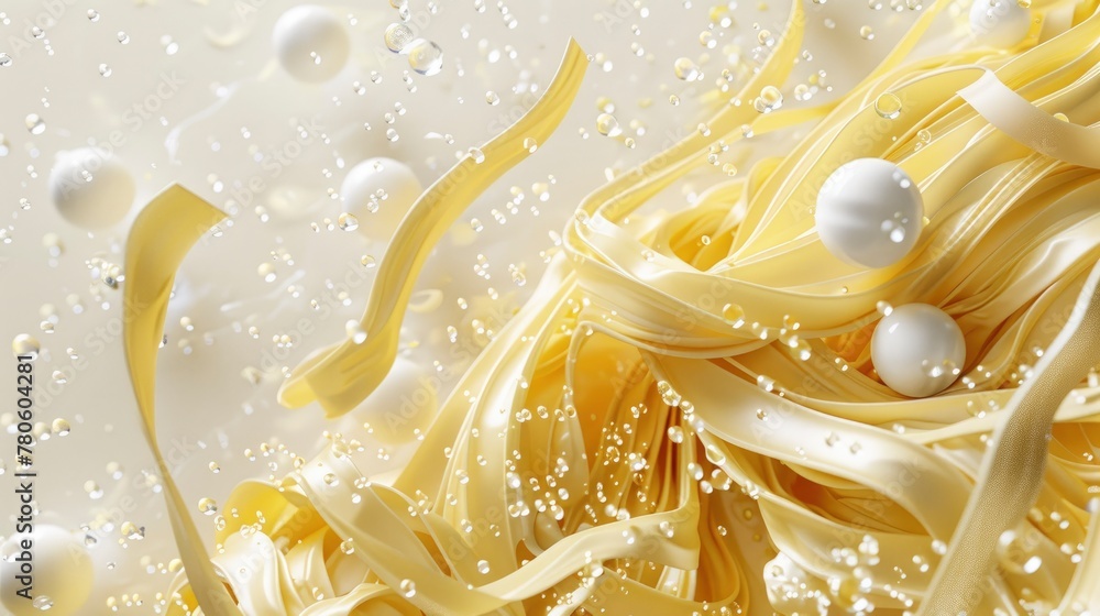 A detailed closeup of yellow pasta noodles swirling in the air, with ...