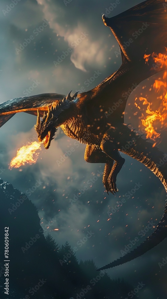 In the heart of the mythical realm, a dragon takes flight, its scaled ...