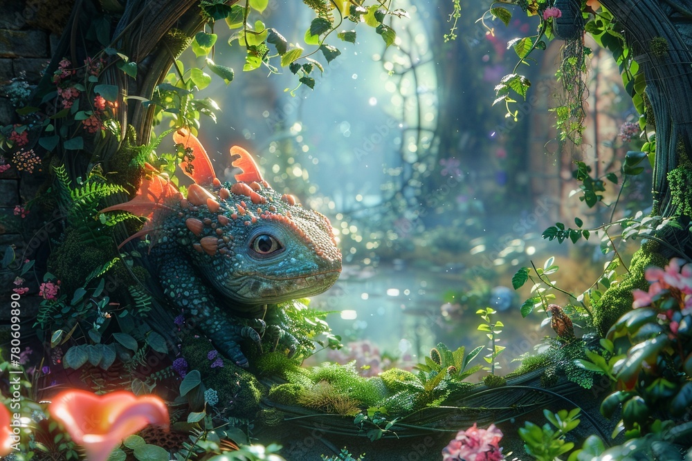 Illustrate a whimsical fantasy landscape where colorful creatures and ...