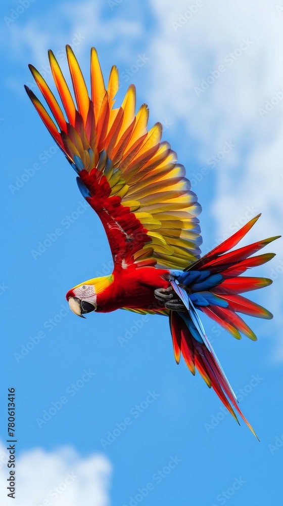 A birds energetic takeoff into a bright sky, wings flapping with ...