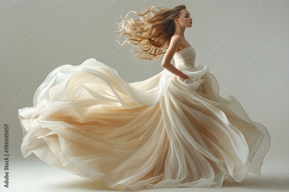 Ethereal fashion model in white gown appears to be soaring in the wind ...